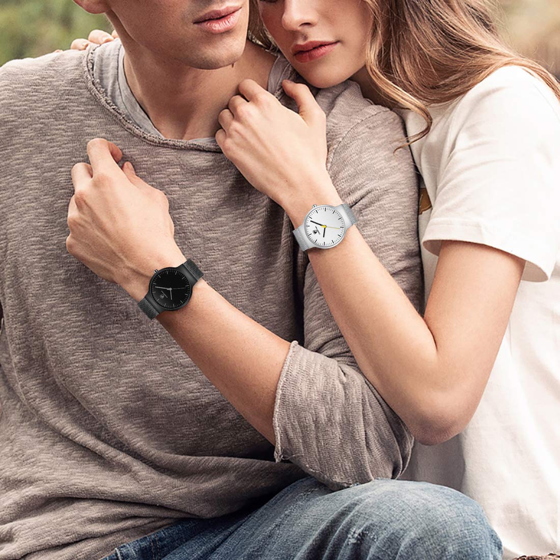 GOLDEN HOUR Men’s Watches Fashion Minimalist Thin 38mm Quartz Analog Waterproof Watch with Black Stainless Steel Mesh Band Gray Hands