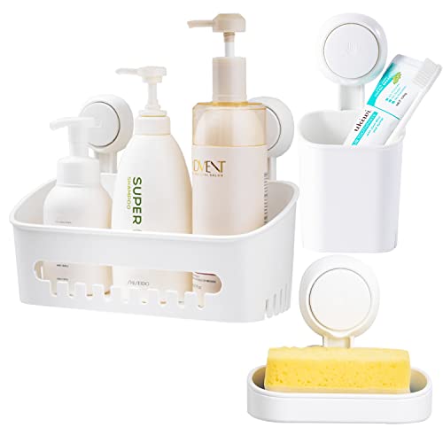 Shower Caddy Vacuum Suction Cup 3Pcs-No Drilling Bathroom Suction Cup Shower Shelf Organizer-Shower Shelves Basket for Shampoo,Soap and Toothbrush Holder-Racks for Inside Bath and Kitchen Wall (White)