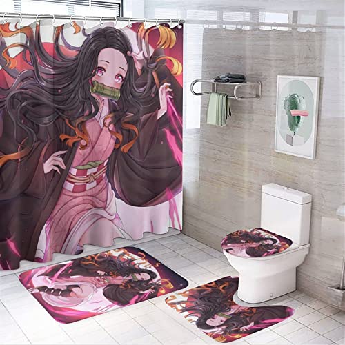 FFIS Anime 𝐃𝐞.𝐌𝐨𝐧 𝐒𝐥𝐚.𝐘𝐞𝐫 𝐍𝐞𝐳𝐮.𝐊𝐨 Bathroom Shower Curtain Set, 4 Piece Bathroom with Waterproof Shower Curtain and Non Slip Shower Mat & Toilet Lid Cover Mat U Carpet