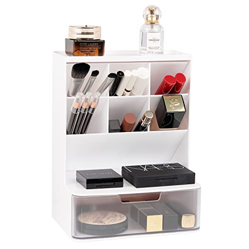 YARRAMATE Makeup Organizer with Brush Holder and Clear Drawer, Cosmetic Organizer and Storage in Bathroom, Dorm Room, Bedroom organizer for dresser, Cosmetic Display Cases (Artic White)