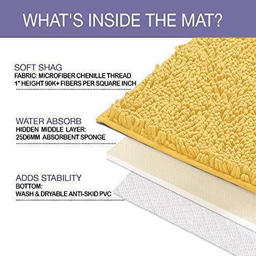 LuxUrux Yellow Bathroom Rug Set 2 Piece –Extra-Soft Bath mat Shower Bathroom Rugs,1'' Chenille Microfiber Material, Super Absorbent (30 X 20'' + 23 x 15'', Yellow)