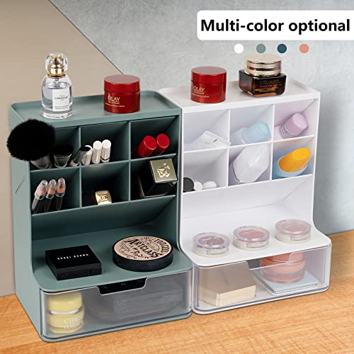 YARRAMATE Makeup Organizer with Brush Holder and Clear Drawer, Cosmetic Organizer and Storage in Bathroom, Dorm Room, Bedroom organizer for dresser, Cosmetic Display Cases (Artic White)