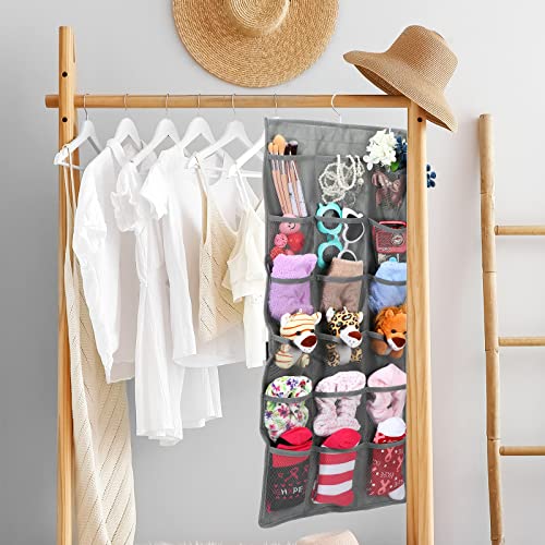 Tatuo 10 Pcs Large Hanging Socks Bra Underwear Organizer with Rotating Metal Hanger Dual Sided Closet Hanging Bra Organizer Space Saver Wall Shelf Wardrobe Mesh Pockets Hanging Storage Bag, Grey