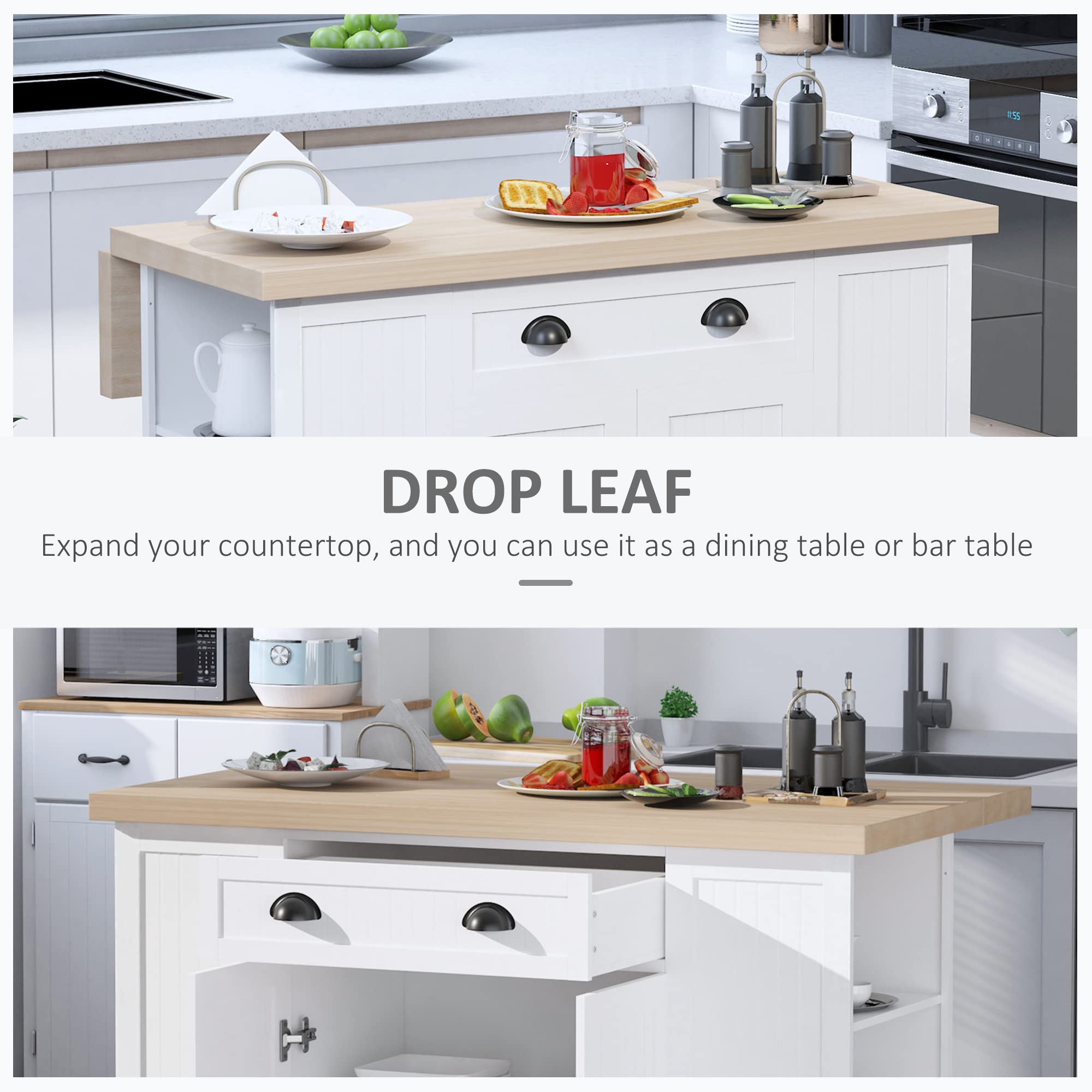 HOMCOM 47" Fluted-Style Wooden Kitchen Island, Kitchen Countertop Storage Cabinet with Drop Leaf, Drawer, Open Shelves, Storage, White