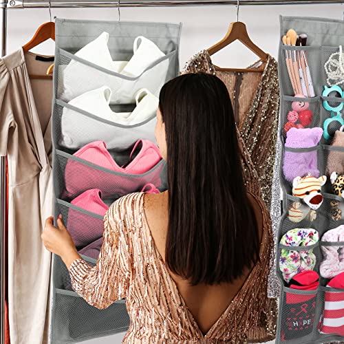 Tatuo 10 Pcs Large Hanging Socks Bra Underwear Organizer with Rotating Metal Hanger Dual Sided Closet Hanging Bra Organizer Space Saver Wall Shelf Wardrobe Mesh Pockets Hanging Storage Bag, Grey