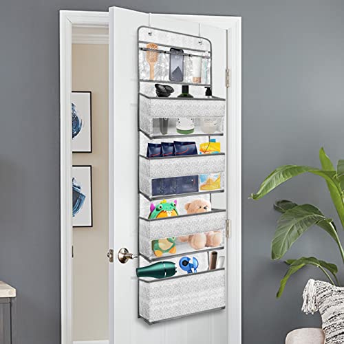 WTY Over The Door Organizer,5-Shelf Over Door Hanging Organizer with 4 Large Pocket,3 PVC Pockets and 2 Metal Hooks, Foldable Wall Mount Fabric Storage for Pantry Nursery Bathroom Closet 50x16x5 inch