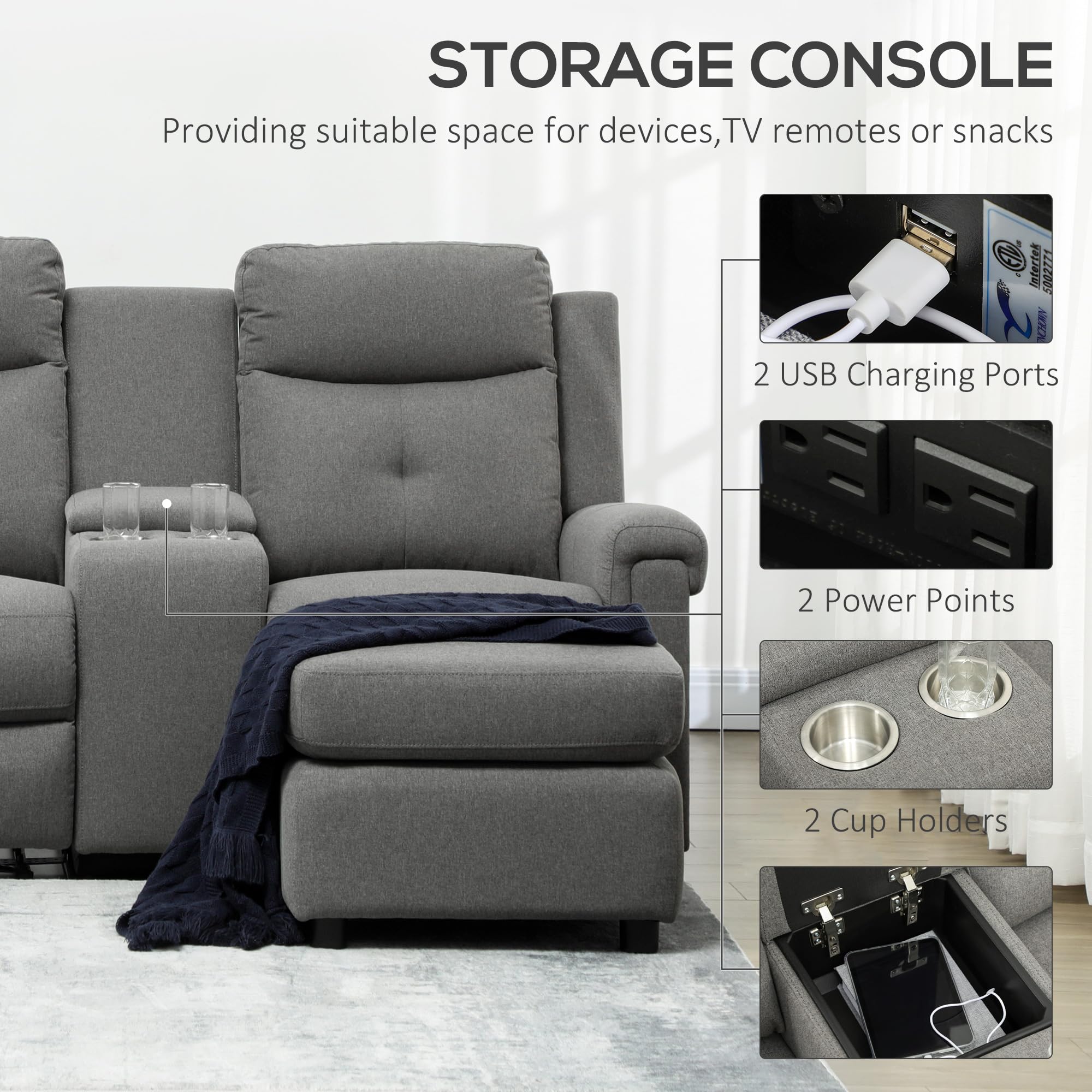 HOMCOM L-Shaped Sofa, Manual Reclining Sectional with Chaise Ottoman, Storage Console, Cup Holders, USB Charging, Gray