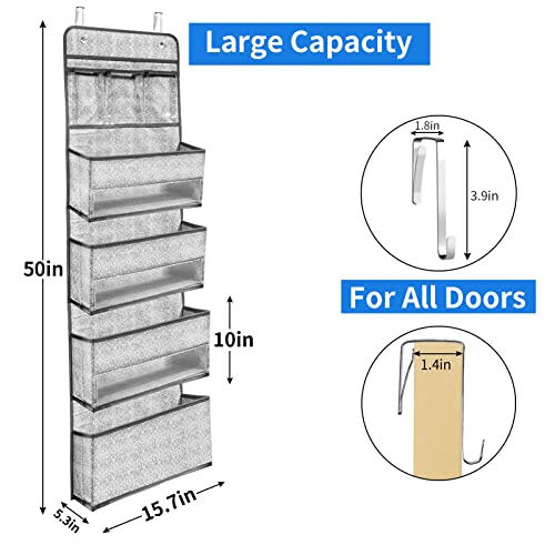WTY Over The Door Organizer,5-Shelf Over Door Hanging Organizer with 4 Large Pocket,3 PVC Pockets and 2 Metal Hooks, Foldable Wall Mount Fabric Storage for Pantry Nursery Bathroom Closet 50x16x5 inch