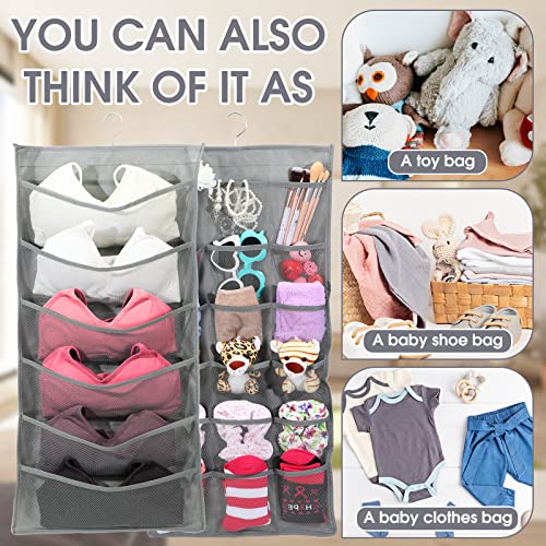Tatuo 10 Pcs Large Hanging Socks Bra Underwear Organizer with Rotating Metal Hanger Dual Sided Closet Hanging Bra Organizer Space Saver Wall Shelf Wardrobe Mesh Pockets Hanging Storage Bag, Grey