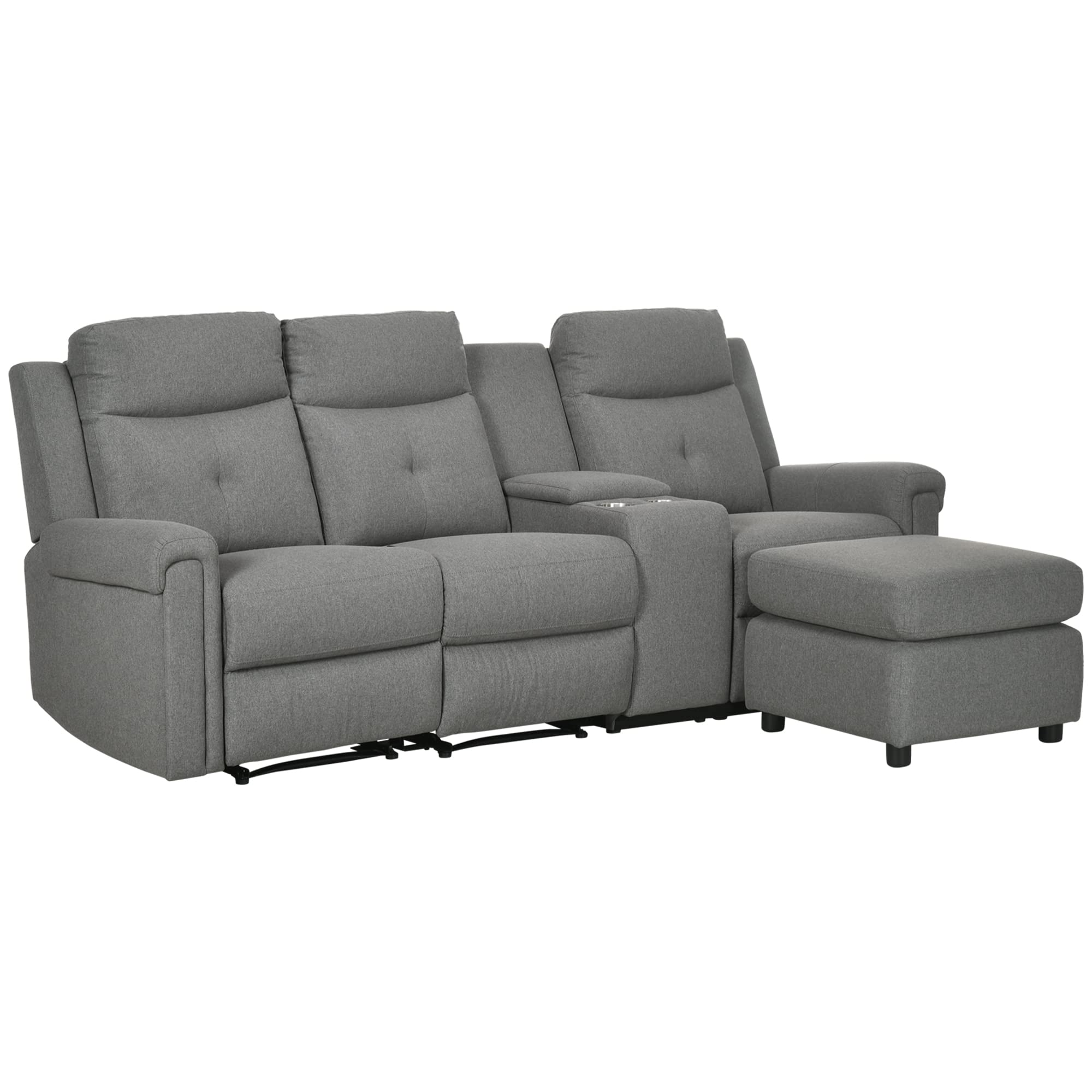 HOMCOM L-Shaped Sofa, Manual Reclining Sectional with Chaise Ottoman, Storage Console, Cup Holders, USB Charging, Gray