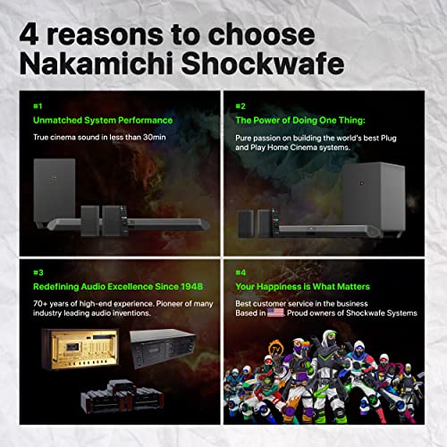 Nakamichi Shockwafe Pro Bluetooth 7.1.4 Channel Dolby Atmos/DTS:X Soundbar with 10" Wireless Subwoofer, 2 Rear Surround Speakers, eARC and SSE Max Technology (New), black