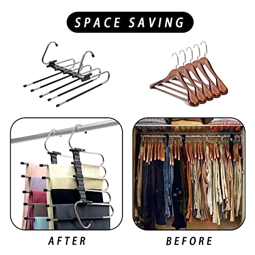 Closet Organizers and Storage, Magic Pants Hangers for Space Saving, Pant Hanger Rack Organizer Use for Scarf Jean Skirt ( 2-Pack with 10 Stainless Steel Clips ) (Black)