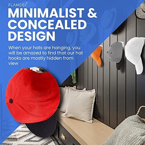 FLANCCI Hat Hooks for Wall, Minimalist Hat Rack Design, Self Adhesive Hat Rack, Strong Hold Hat Hanger for Hat Organizer, Hat Storage, Hat Holder, Hat Display for baseball Caps, White Hook (24-Pack)β¦