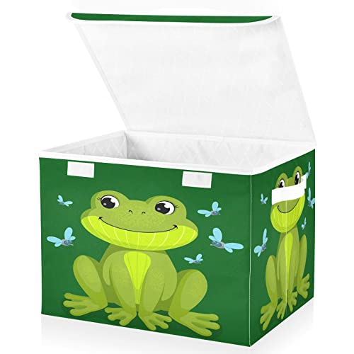 Krafig Cartoon Funny Animal Frog Foldable Storage Box Large Cube Organizer Bins Containers Baskets with Lids Handles for Closet Organization, Shelves, Clothes, Toys