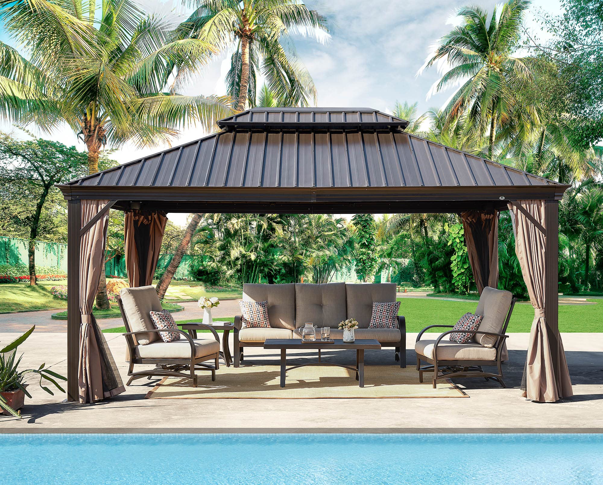 Iwicker 12' x 16' Hardtop Permanent Aluminum Gazebo with Mosquito Netting and Polyester Curtain