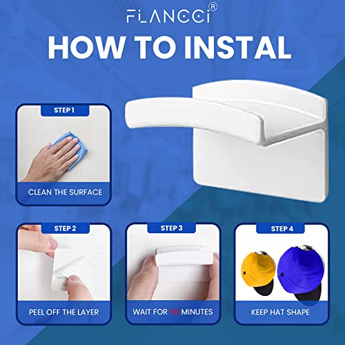 FLANCCI Hat Hooks for Wall, Minimalist Hat Rack Design, Self Adhesive Hat Rack, Strong Hold Hat Hanger for Hat Organizer, Hat Storage, Hat Holder, Hat Display for baseball Caps, White Hook (24-Pack)β¦
