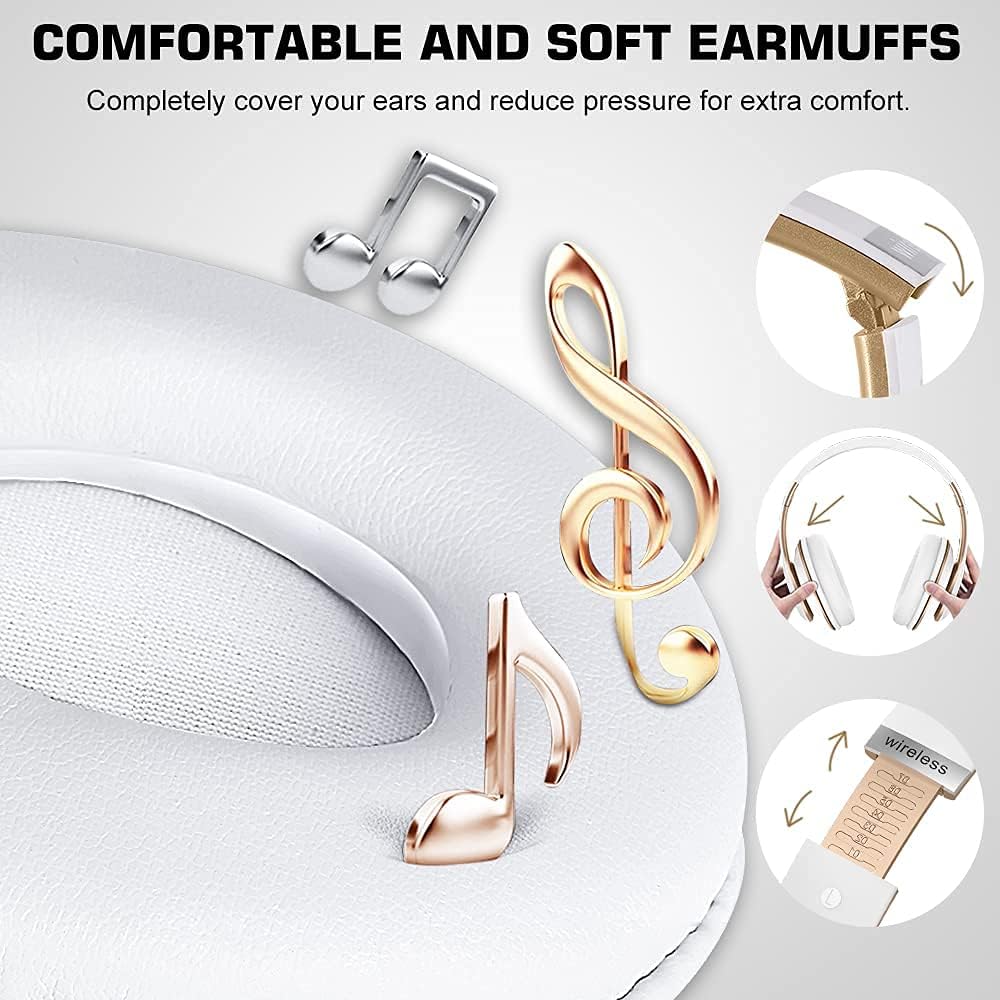 6S Wireless Bluetooth Headphones Over Ear, Hi-Fi Stereo Foldable Wireless Stereo Headsets Earbuds with Built-in Mic, Volume Control, FM for iPhone/Samsung/iPad/PC (White & Gold)
