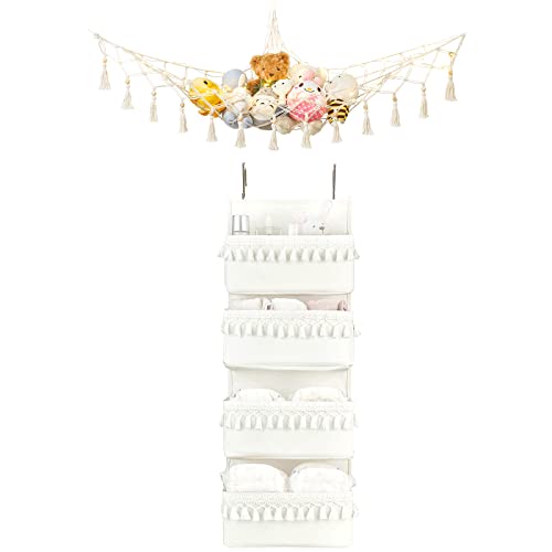 Dahey Over The Door Organizer with 4 Pockets Closet Hanging Organizers and Stuffed Animal Storage Net Hammock with String Light Wall Corner Hanging Toys Storage Organizer