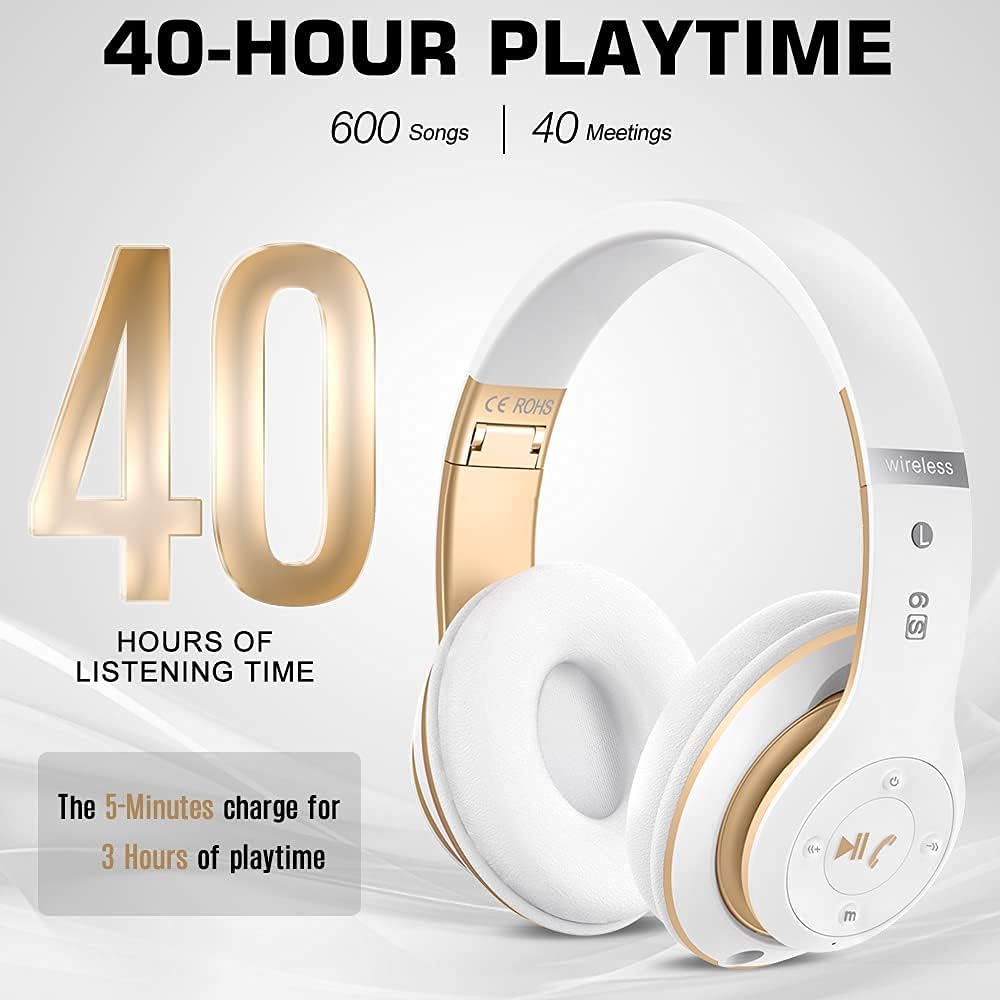 6S Wireless Bluetooth Headphones Over Ear, Hi-Fi Stereo Foldable Wireless Stereo Headsets Earbuds with Built-in Mic, Volume Control, FM for iPhone/Samsung/iPad/PC (White & Gold)