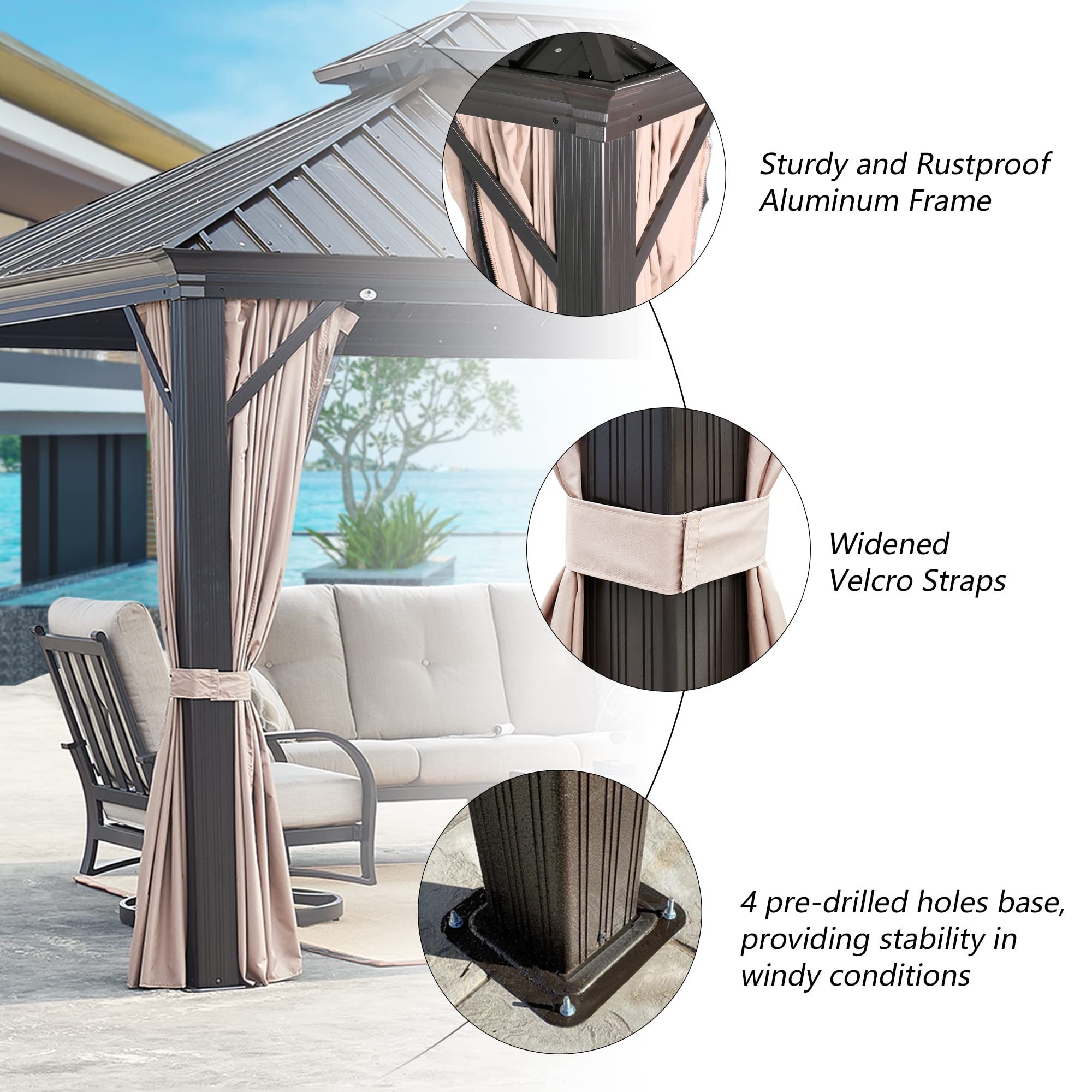 Iwicker 12' x 16' Hardtop Permanent Aluminum Gazebo with Mosquito Netting and Polyester Curtain