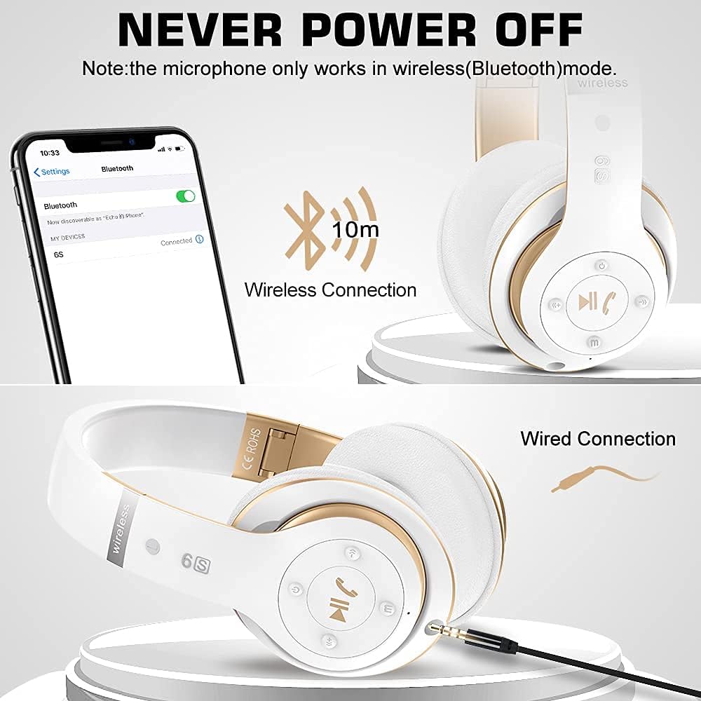 6S Wireless Bluetooth Headphones Over Ear, Hi-Fi Stereo Foldable Wireless Stereo Headsets Earbuds with Built-in Mic, Volume Control, FM for iPhone/Samsung/iPad/PC (White & Gold)
