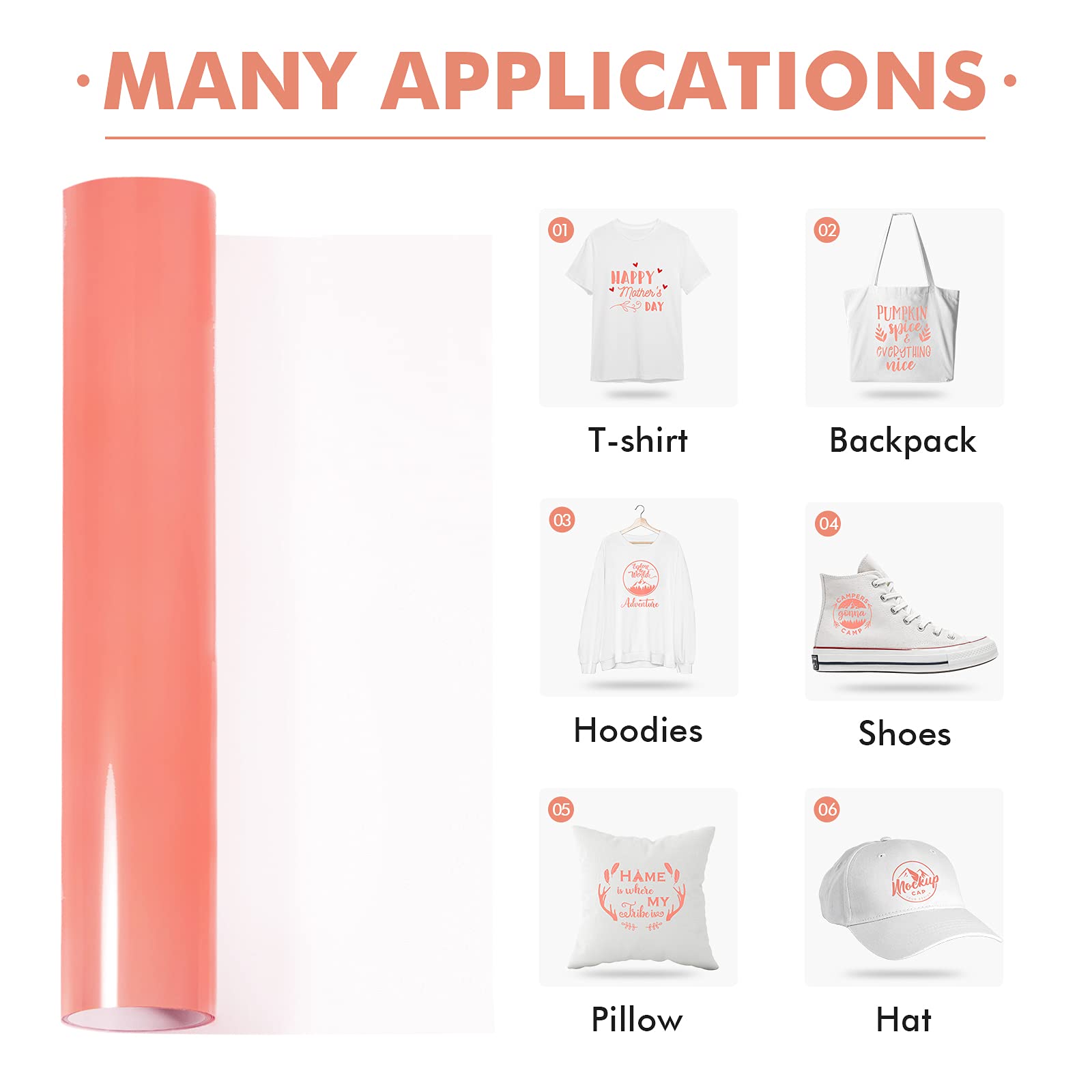 Gatichetta Coral Heat Transfer Vinyl Roll, Peach Iron on HTV 12" x 6FT, Smooth PU HTV for T-Shirts, Fabris, DIY Designs