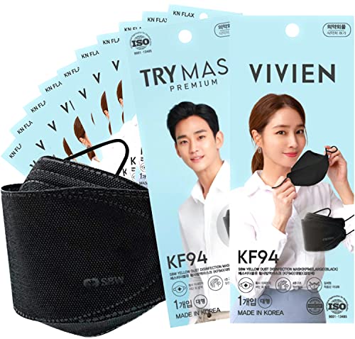 KN FLAX [10Packs] KF94 Black - Face Protective Mask for Adult (Black) [Made in Korea] [10 Individually Packaged] TRY Premium KF94 Certified Face Safety Black Dust Mask for Adult