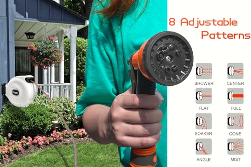 Blütezeit Retractable Garden Hose Reel, 1/2'' x 65FT+6FT Wall Mount Water Hose Reel, 8 Function Hose Nozzle, Any Length Lock, 180° Swivel Bracket, Automatic Slow Rewind System