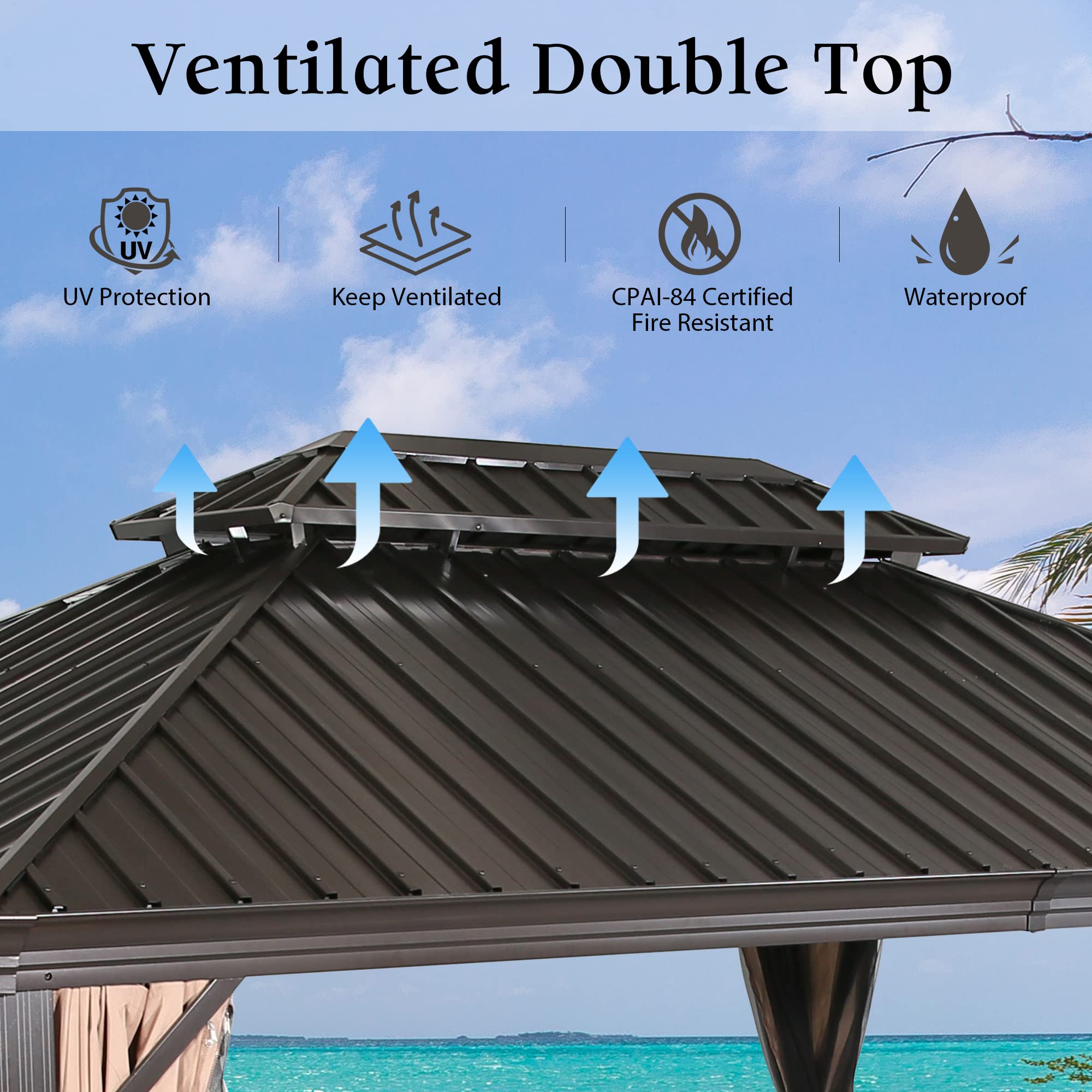 Iwicker 12' x 16' Hardtop Permanent Aluminum Gazebo with Mosquito Netting and Polyester Curtain
