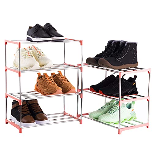 Xerhnan 4-Tier Stackable Small Shoe Rack Pink and 4-Tier Slim Storage Cart Narrow Shelving White