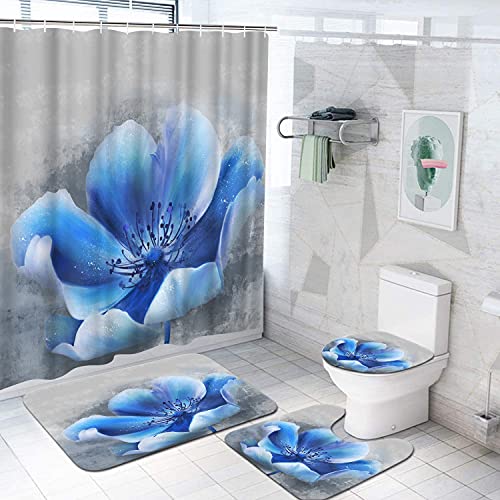 DuoBaorom 4 Pieces Set Blue Flower Shower Curtain Set Elegant Floral Picture Print on Non-Slip Rugs Toilet Lid Cover Bath Mat and Bathroom Curtain with 12 Hooks 72x72inch