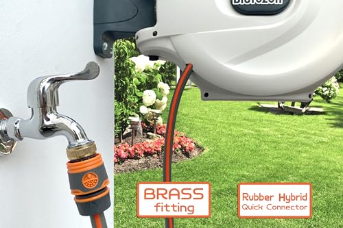 Blütezeit Retractable Garden Hose Reel, 1/2'' x 65FT+6FT Wall Mount Water Hose Reel, 8 Function Hose Nozzle, Any Length Lock, 180° Swivel Bracket, Automatic Slow Rewind System