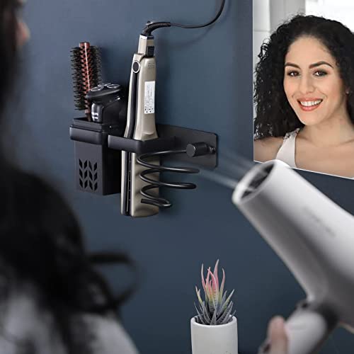 DELITON Hair Dryer Holder Wall Mount - Blow Dryer Holder, Hair Dryer Rack & Hair Styling Care Tool Organizer - Storage Basket with Plug Hook, Black