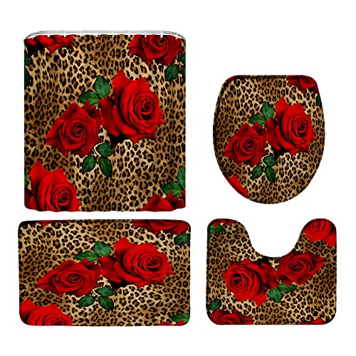 4pcs Leopard Flower Shower Curtain Set with Rug Red Rose Floral Valentine's Day Wild Animal Print Mix Skin Pattern Bathroom Set with Hooks(Bath Mat,U Shape and Toilet Lid Cover Mat)