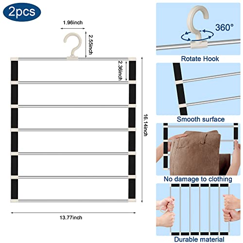 2PC Upgrade 6 Layers Pants Hangers Space Saving, Non Slip Pants Rack for Closet Organizers Storage, Hangs Up to 12 PC, for Trousers,Leggings,Jeans,Skirts, College Dorm Room Essentials