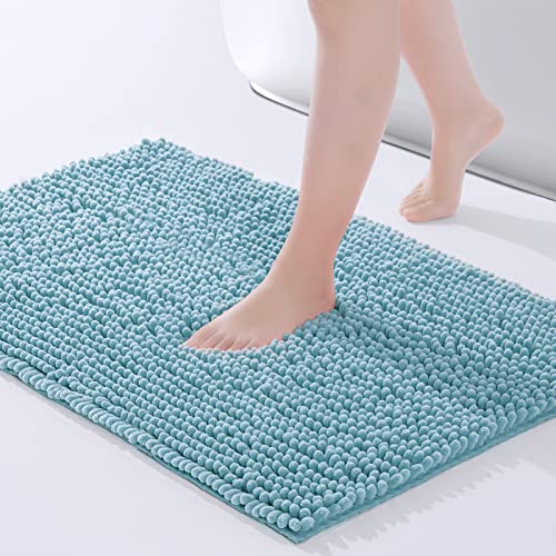 FRESHMINT Chenille Bathroom Rugs Non-Slip Bath Mat 24âx16.5â, Washable Soft Shower Mat, for Bathroom Floor & Tub Fluffy Shag Bath Rugs, Durable Thick Water Absorbent Microfiber Shower Rugs, Blue