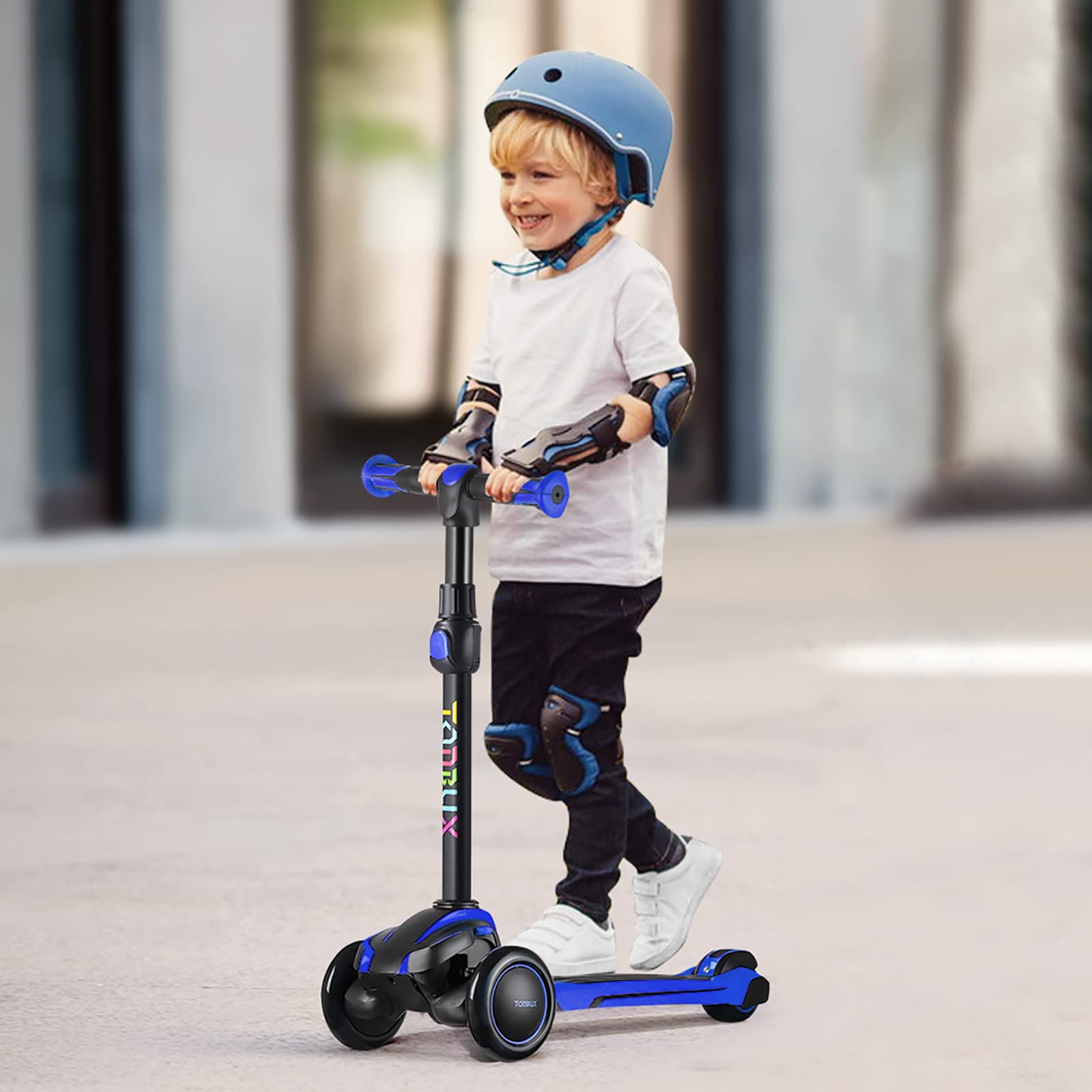 TONBUX Kids Scooter for Age 3-12, Toddler Scooter with 4 Adjustable Heights, Light Up 3-Wheels Scooter, Shock Absorption Design, Lean to Steer, Balance Training Scooter for Kids - Blue