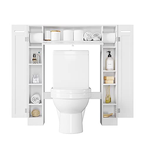 ITUSUT Over The Toilet Storage Cabinet, Freestanding Toilet Cabinet Organizer with 2 Side Doors and Pull-Down Door, Bathroom Cabinet Over Toilet with Adjustable Shelves & Paper Holder, White