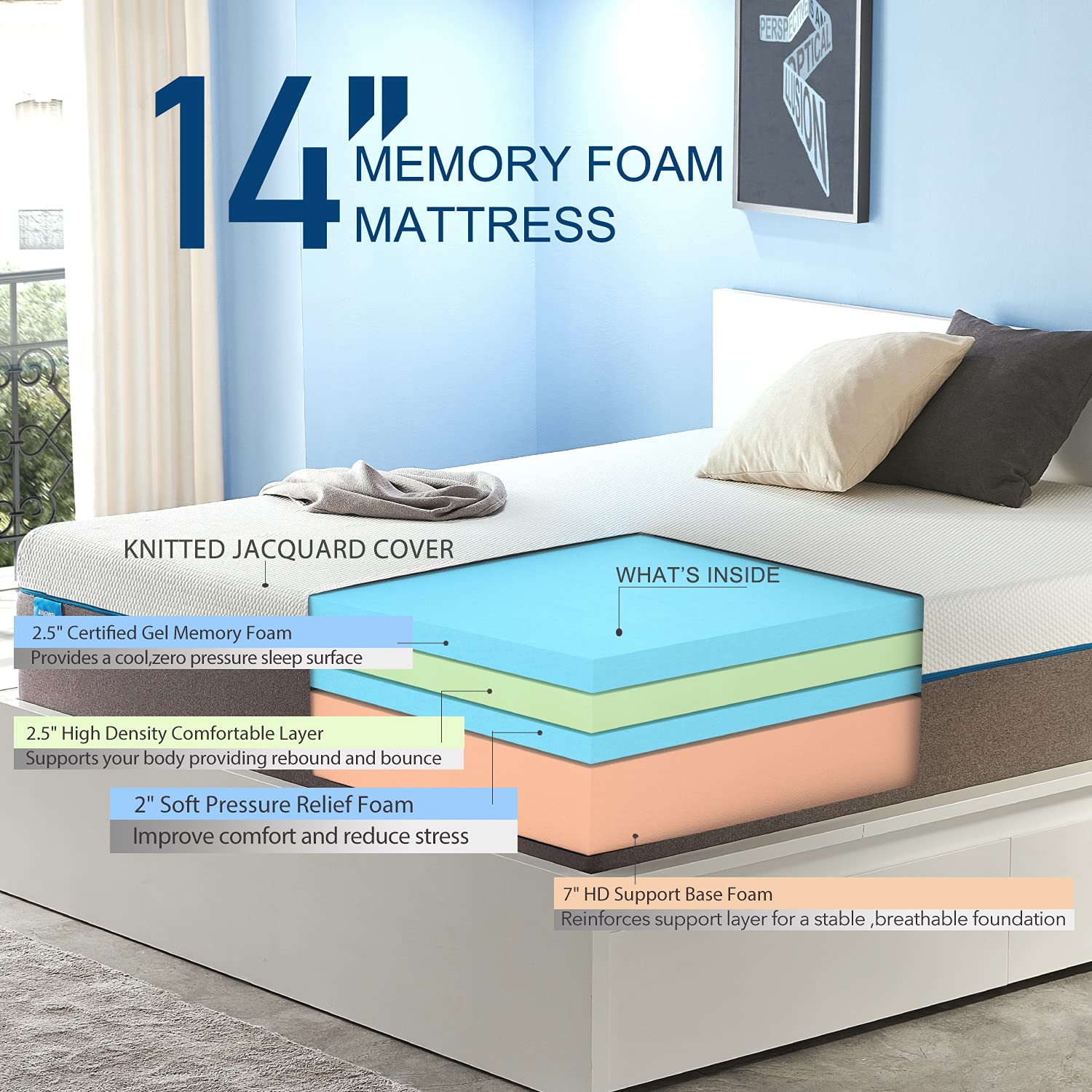 JINGWEI King Size Mattress, 14 Inch Gel Memory Foam King Mattress for Cooling Sleep & Pressure Relief, Medium Soft with Motion Isolation, 76 X 80 X 14 inches