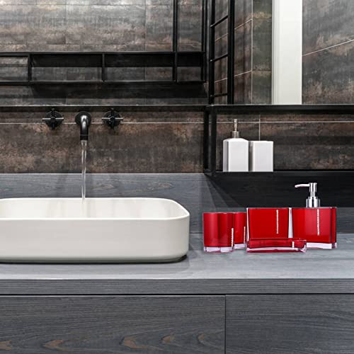 Bathroom Accessory Set, 5Pcs/Set Resin Bathroom Accessory, Modern Bath Decor Set, Including Emulsion Bottle Toothbrush Holder Soap Dish Gargle Cup, Red