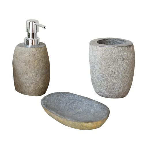 Joglo Living - River Stone Bathroom Accessories Set, Natural Stone Hand soap Dispenser with Bronze or Silver Pump, Toothbrush Holder, soap Dish (Silver Pump), Grey