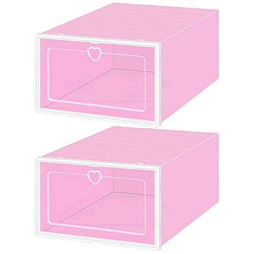 Storage Box Storage Container 2Pcs Shoes Box with Heart Pull Ring Easy Assembly Plastic Drawer Type Shoes Case Home Storage - Pink