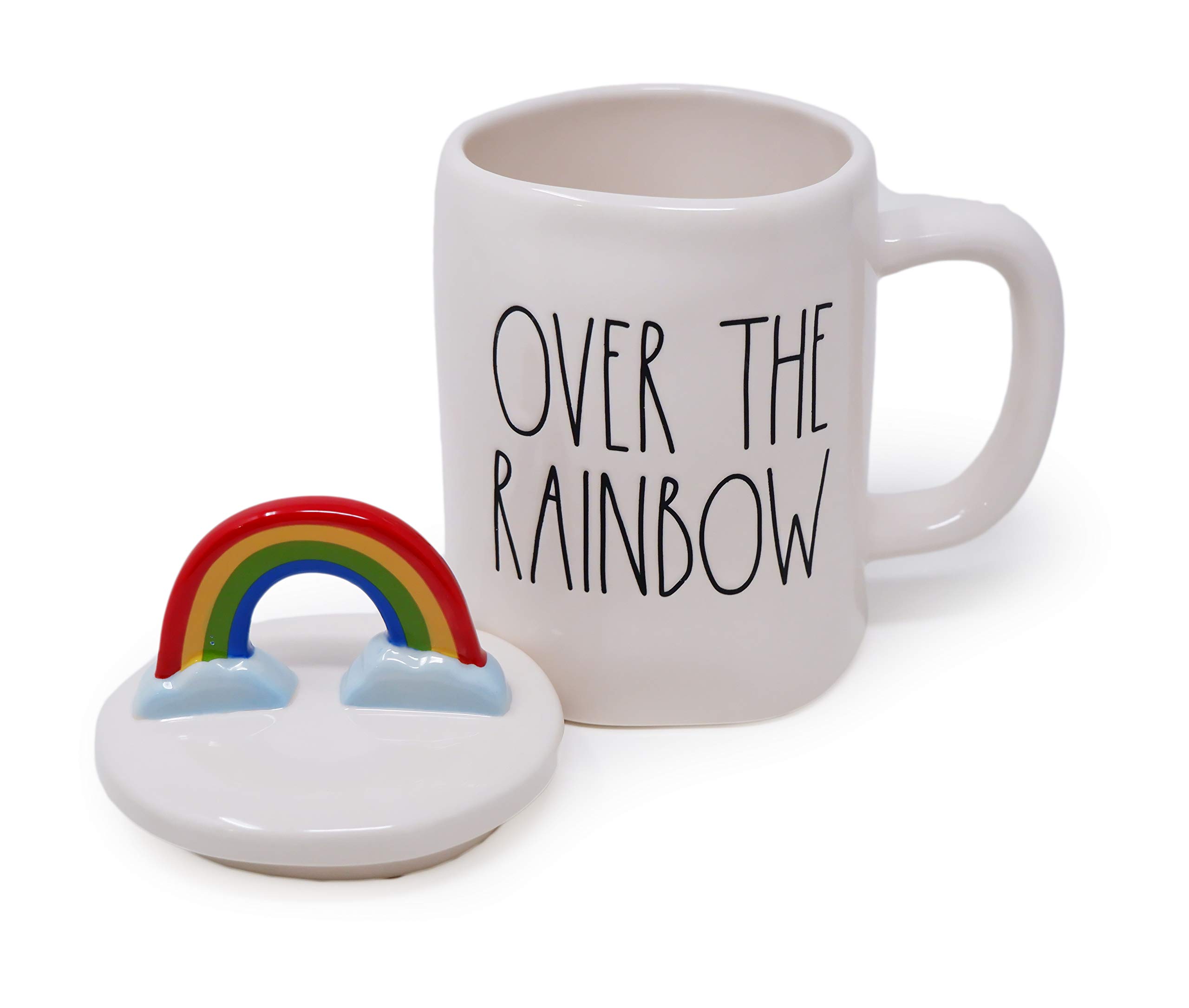 Rae Dunn Artisan llection OVER THE RAINBOW Glossy White ffee Tea Mug with Rainbow Clouds Topper,Green, White,7.25 H X 3.75 D x 5.5 Across luding handle