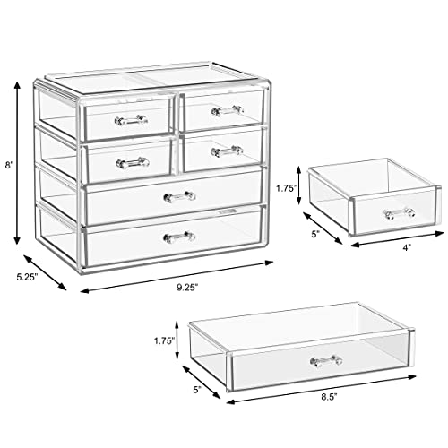 Sorbus Clear Makeup Organizer Display - Stylish Organization and Storage Case for Cosmetics, Jewelry & Hair Accessories - Space Saving Makeup Organizer for Vanity & Bathroom (2 Large, 4 Small Drawers)