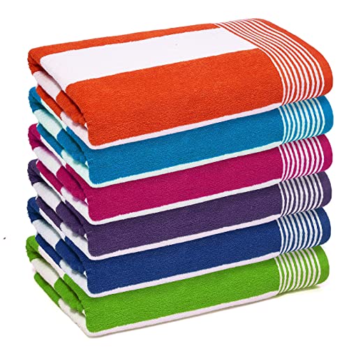 Terry Cabana 100% Cotton Bath Towels, Quick Dry Set of 6 Pack, (30" x 60")- Cabana Stripe - Microfiber Large Towel for Pool, Bath, Sport, Yoga, Camping, Swimming, Highly Absorbent, Light Weight & Soft