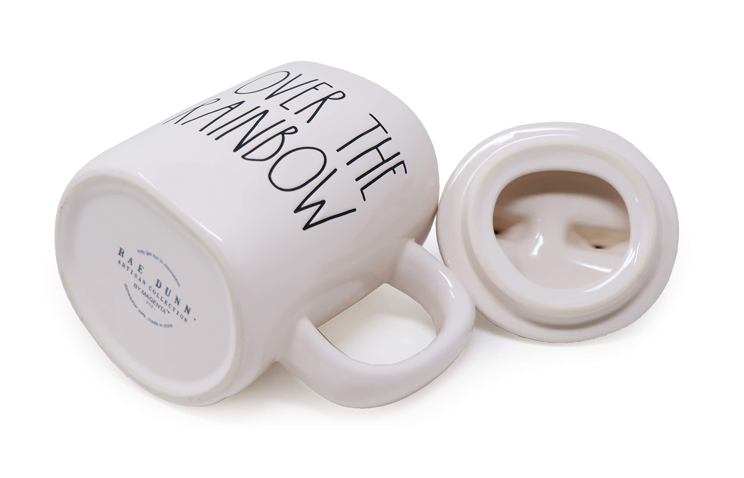 Rae Dunn Artisan llection OVER THE RAINBOW Glossy White ffee Tea Mug with Rainbow Clouds Topper,Green, White,7.25 H X 3.75 D x 5.5 Across luding handle