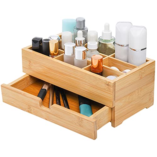 Suwimut Bamboo Makeup Organizer with Drawers, Multi-functional Cosmetic Display Case with 9 Sections for Bathroom, Countertop, Dresser, Wooden Vanity Organizer for Beauty Supplies