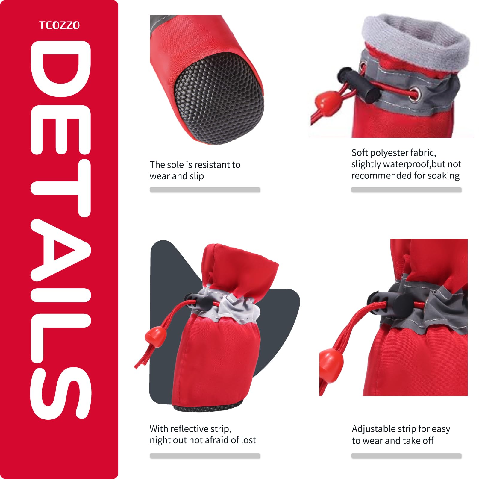 TEOZZO Dog Shoes Dog Boots & Paw Protector, Anti-Slip Sole Winter Dog Booties with Reflective Straps Dog Snow Boots for Small Medium Dogs 4PCS Red 5