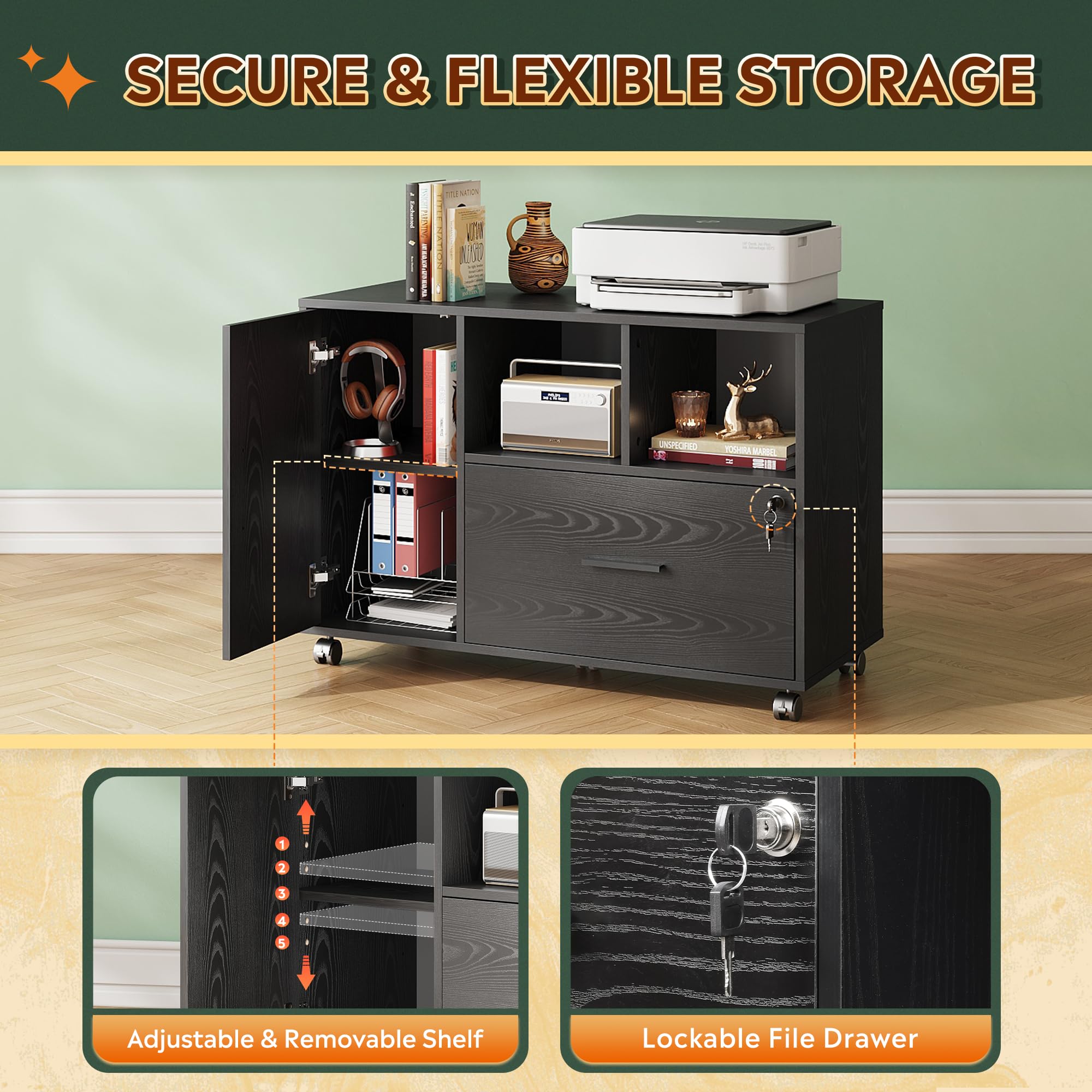 DEVAISE Office File Cabinet with Lock, 1-Drawer Wood Lateral Filing Cabinet on Wheels, Printer Stand with Open Storage Shelves for Home Office, Black