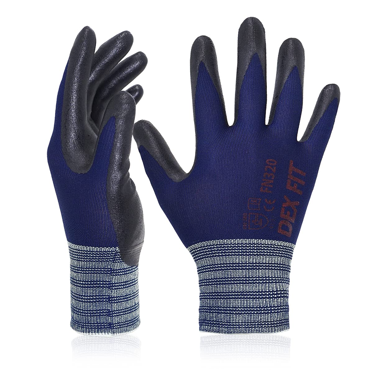 DEX FIT Premium Nylon Work Gloves FN320 - Firm Nitrile Grip, 3D-Comfort Stretchy Fit, Thin & Lightweight, Protective & Durable, Breathable, Machine Washable; Navy 7 (S) 1 Pair